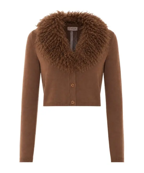 TWINSET Knit Sweater With A Fur Collar - Brown