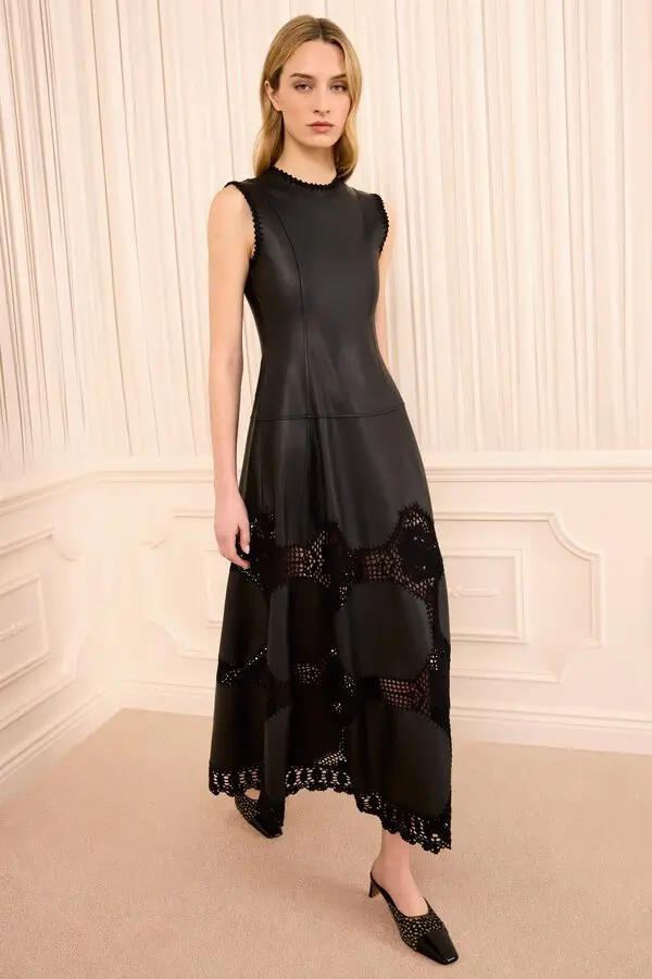 Ulla Johnson Ilana Sleeveless Crochet & Leather Dress - Noir