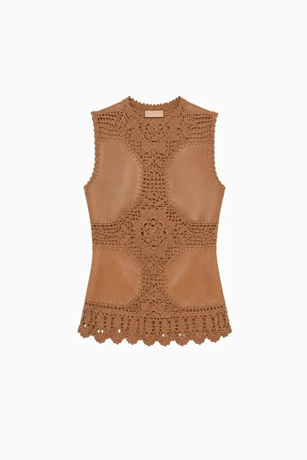 Ulla Johnson Livia Sleeveless Crochet & Leather Top