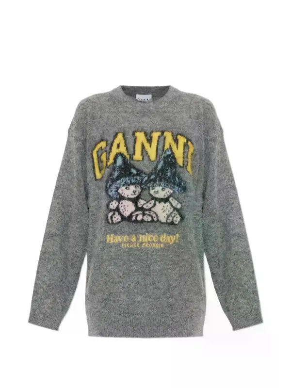GANNI Logo-intarsia Knitted Sweater - Grey
