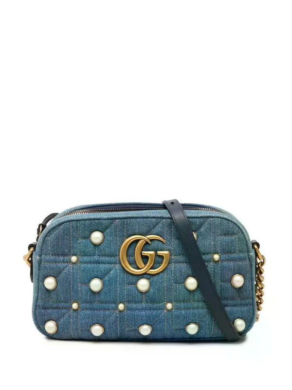 Gucci Gg Marmont Pearl Studded Denim Crossbody Bag - Blue