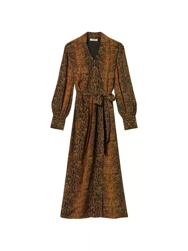 TWINSET Long Sleeve Snake Print Maxi Dress - Brown