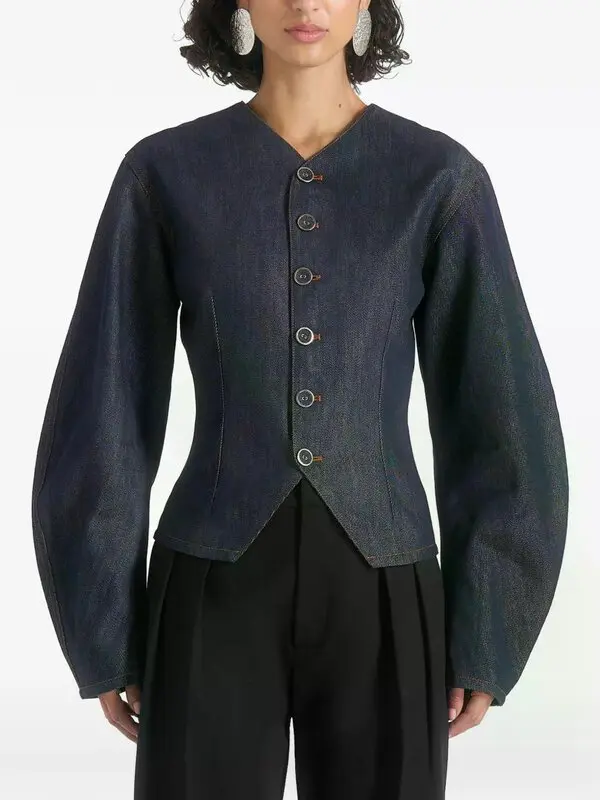 Manière De Voir Denim Hourglass Jacket With V-neck And Bishop Sleeves
