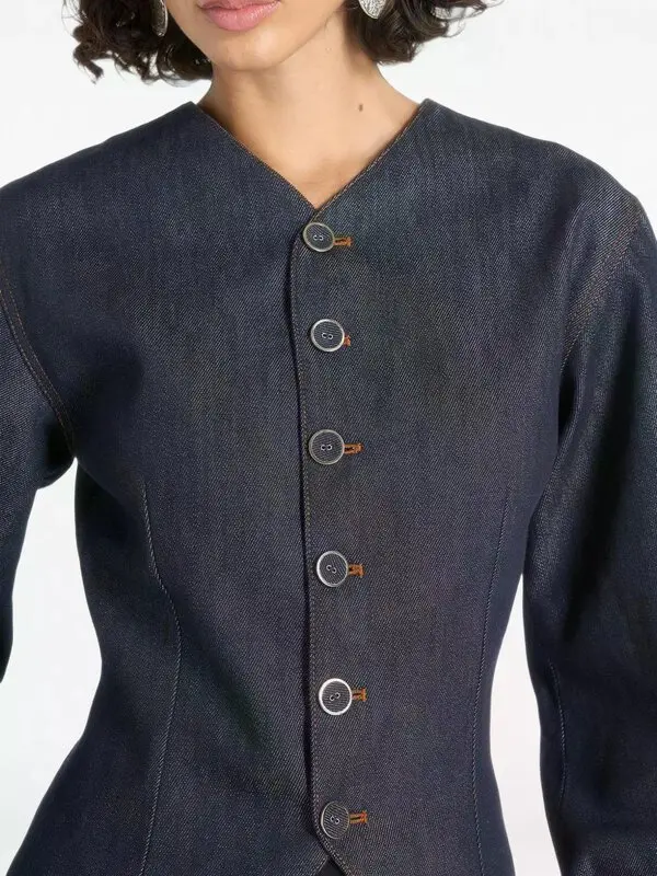 Manière De Voir Denim Hourglass Jacket With V-neck And Bishop Sleeves