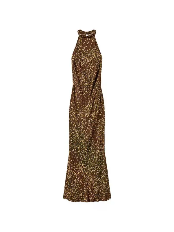 TWINSET Long Animal Print Satin Halterneck Dress - Brown