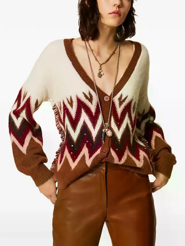 TWINSET Jacquard Cardigan With Sequins And Fringe Trim - Neutrals