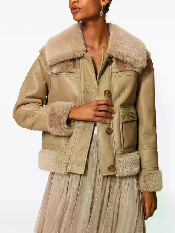 TWINSET Faux Fur Trim Leather-effect Jacket - Neutrals
