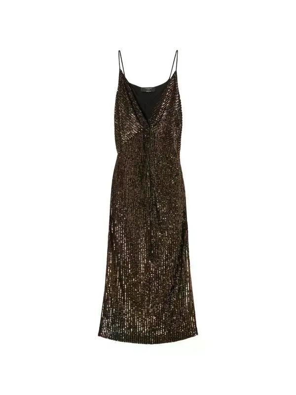 TWINSET Sequined Long Dress With V-neck And Side Slits - Brown