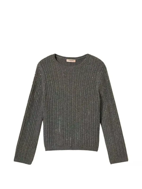 TWINSET Ribbed Knit Sweater With Rhinestone Embellishments