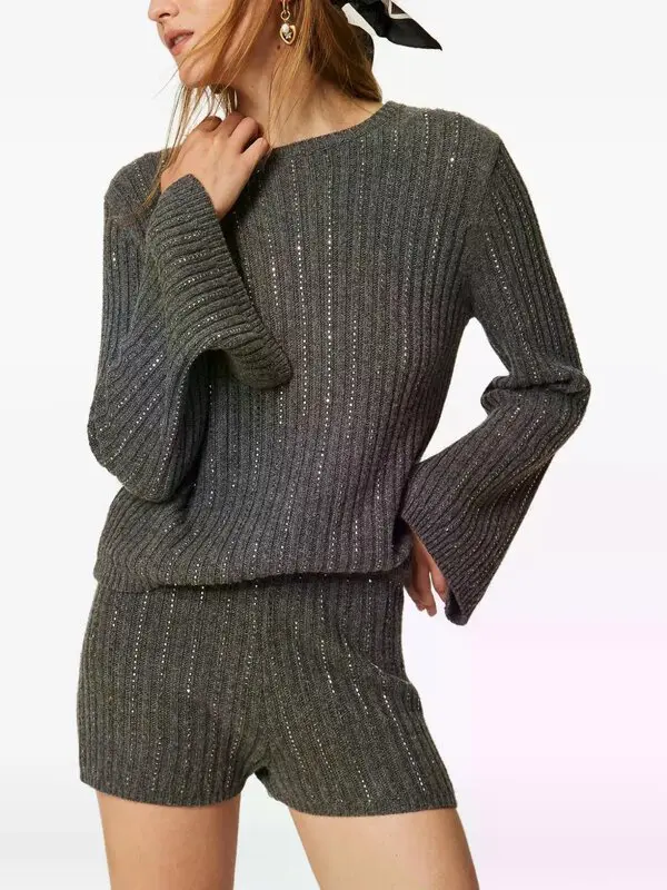 TWINSET Ribbed Knit Sweater With Rhinestone Embellishments