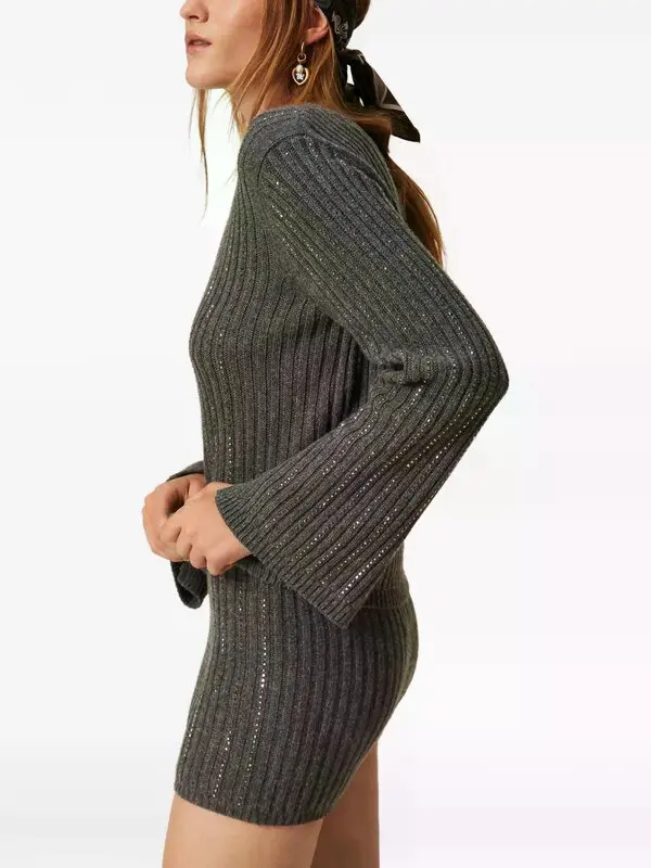 TWINSET Ribbed Knit Sweater With Rhinestone Embellishments