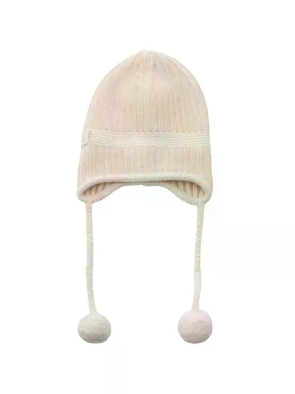 Miu Miu Beanie Hat With Pompoms And Braided Straps - Neutrals