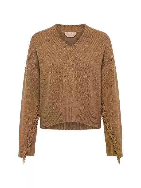 TWINSET Fringe Trim V-neck Sweater - Brown