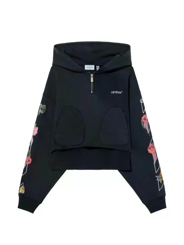 Off-White Cropped Floral Print Hoodie With Kangaroo Pocket - Black