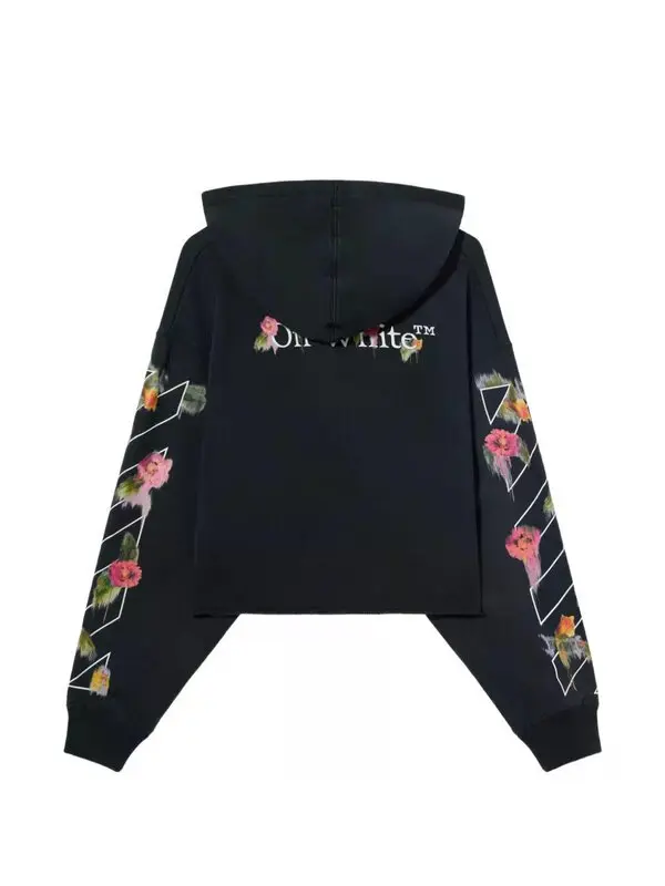 Off-White Cropped Floral Print Hoodie With Kangaroo Pocket