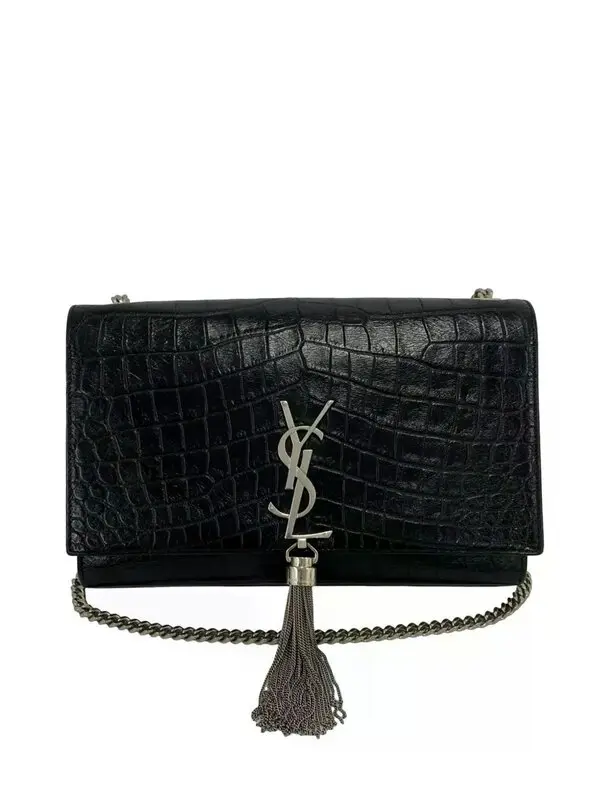 Saint Laurent 2013-2026 Medium Croc Embossed Leather Monogram Kate Tassel Crossbody Bag - Black