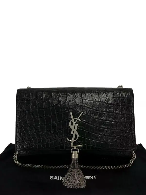 Saint Laurent Medium Croc Embossed Leather Monogram Kate Tassel Crossbody Bag