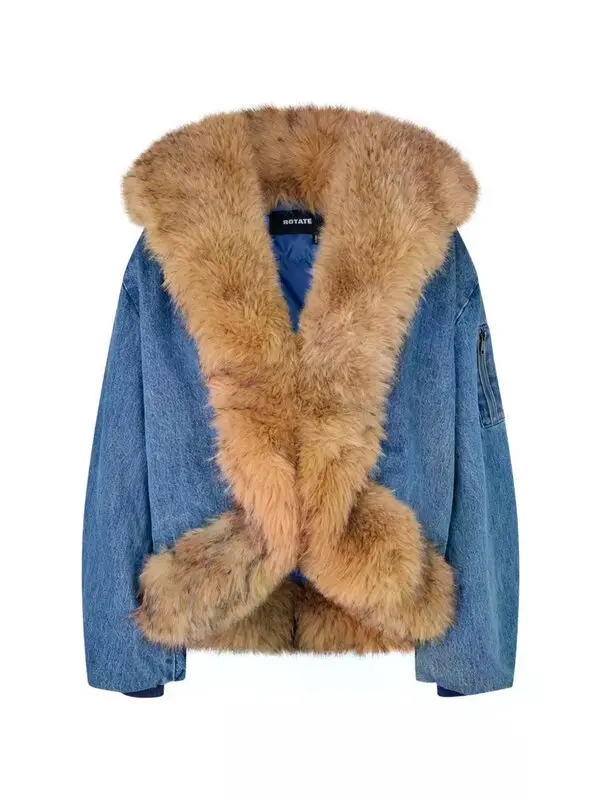 ROTATE BY BIRGER CHRISTENSEN Oversized Faux Fur Collar Denim Bomber Jacket - Blue