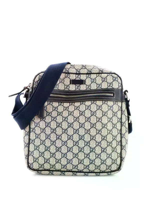 Gucci Front Zip Messenger Gg Coated Canvas Medium Crossbody Bag - Blue