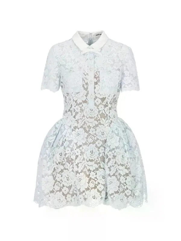 SELF-PORTRAIT Lace Mini Dress With Contrasting Collar And Bow Detail - Blue