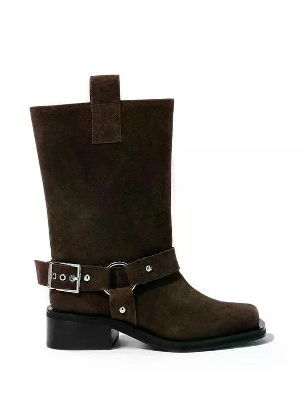 GANNI Mid-shaft Biker Boot In Suede - Brown