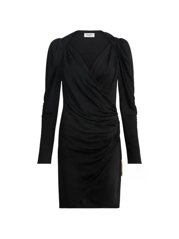 Balmain Draped Wrap-style Dress With Gold-tone Chain Tassel - Black