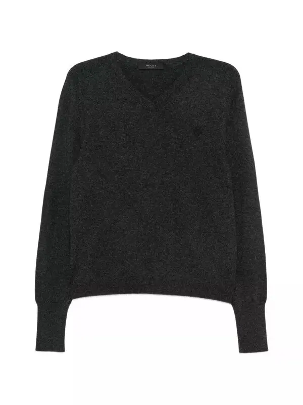 Gucci V-neck Logo Embroidered Sweater - Grey