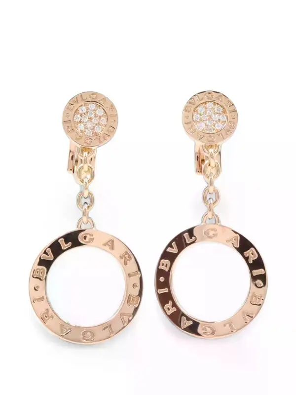 BVLGARI 18k Rose Gold Diamond Pavé Logo Circle Pendant Clip-on Earrings - Pink