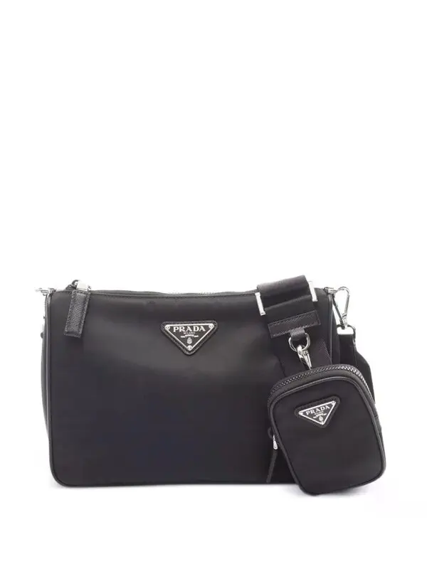Prada Saffiano Leather Shoulder Bag With Enamelled Triangle Logo - Black