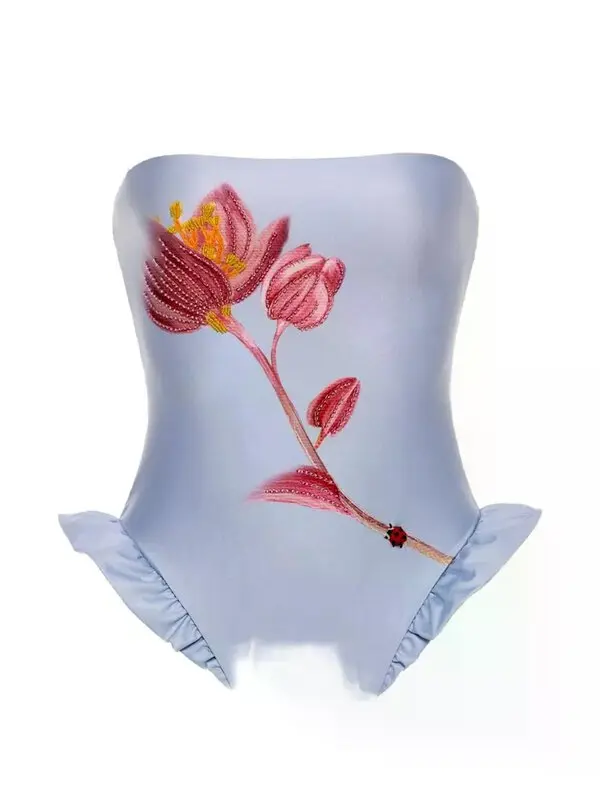 Agua Bendita Floral Embroidered Ruffled Swimsuit - Blue