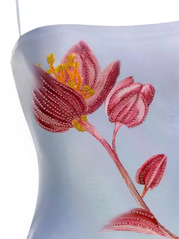 Agua Bendita Floral Embroidered Ruffled Swimsuit