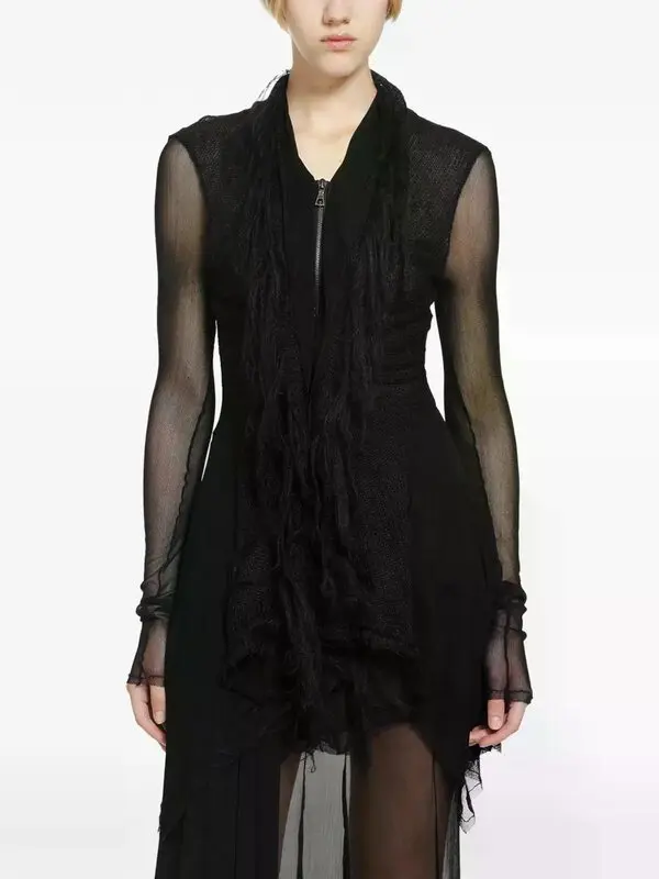 YEHUAFAN Fringed Semi-sheer V-neck Jumper - Black