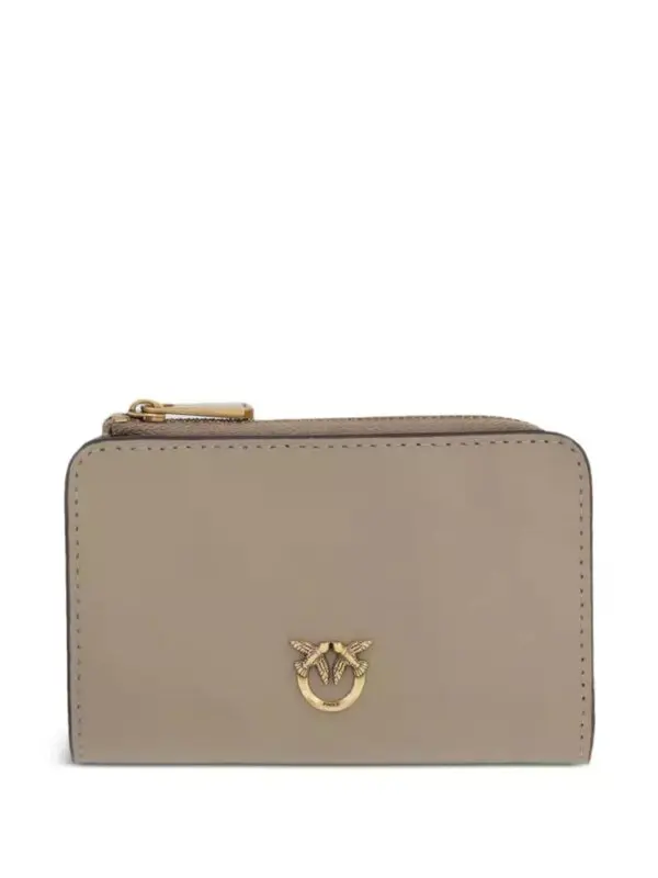 Pinko Mini Wallet In Leather With Love Birds - Neutrals