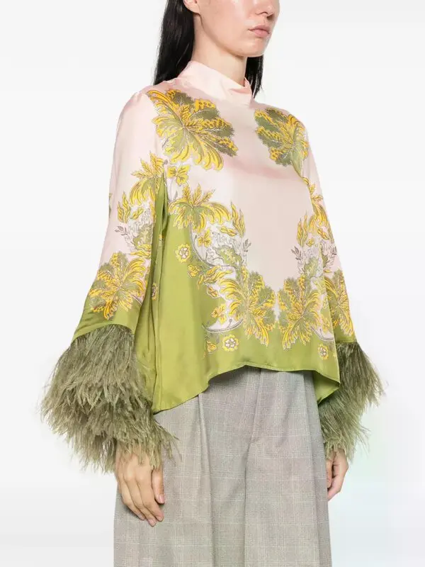 La DoubleJ Feather-trim Floral-print Top
