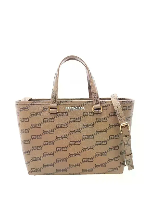 Balenciaga 2018-2026 Small Coated Canvas Signature Shopper Satchel - Brown