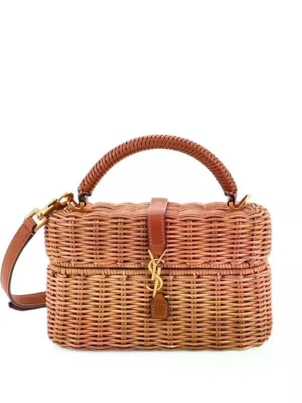 Saint Laurent Gaby Top Handle Vanity Bag Wicker With Leather Shoulder Bag - Neutrals