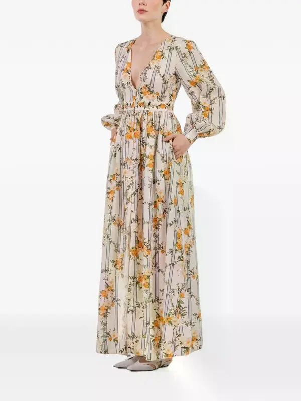 Agua Bendita Frambuesa Valle Embroidered Linen Maxi Dress - Neutrals