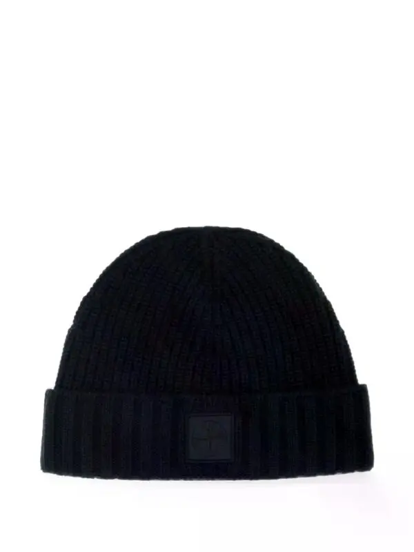 Stone Island Logo-patch Ribbed-knit Beanie Hat - Black