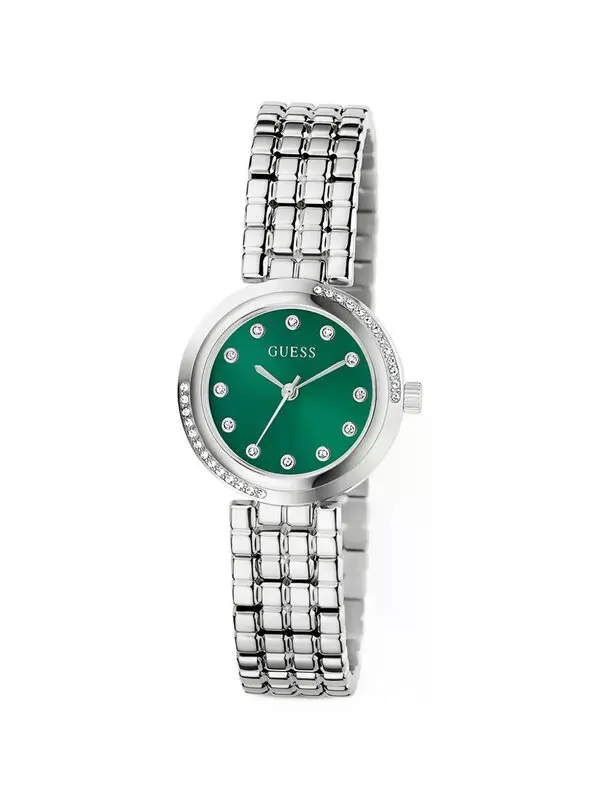 Guess Silver-tone Embellished Crystal Watch With Sunray Dial - Green
