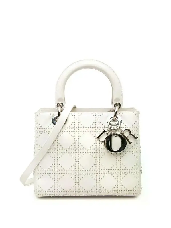 Dior 2003 Medium Calfskin Studded Lady Satchel - White