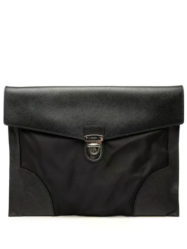 Prada 2000-2026 Saffiano Trimmed Tessuto Clutch Bag - Black