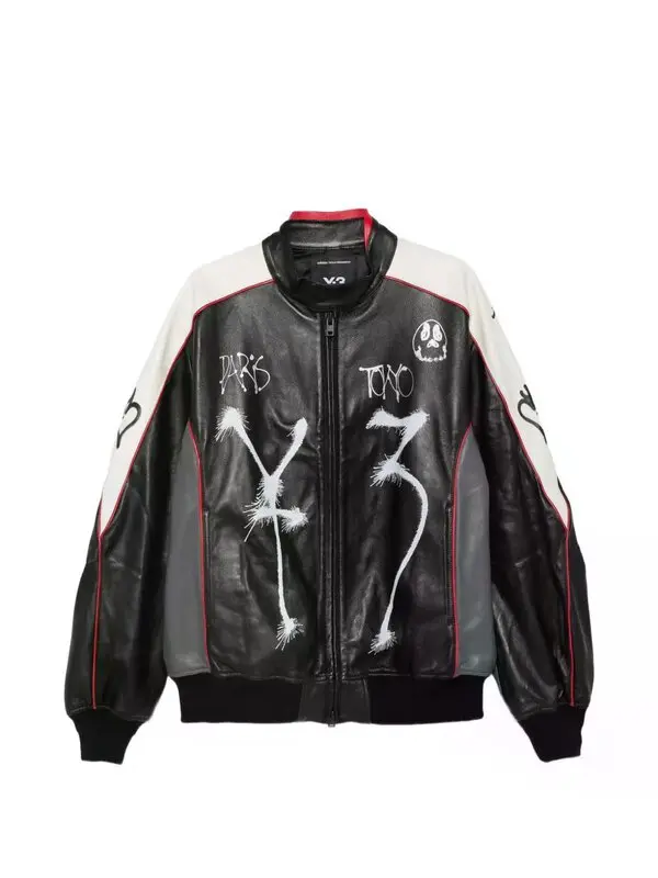 Y3 Graffiti Print Leather Jacket - Black