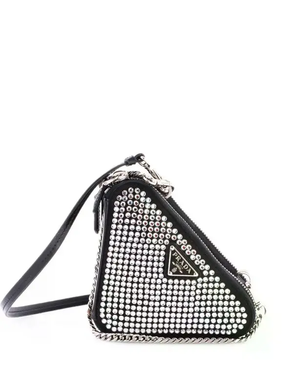 Prada Triangle Double Pouch Crystal Embellished Satin Mini Crossbody Bag - Black