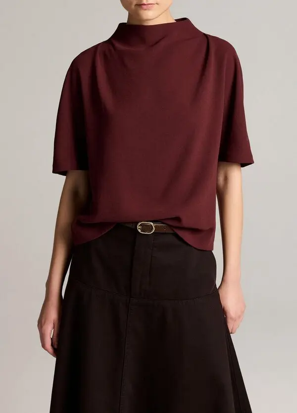 Vince Draped Crepe Funnel-neck Top - Black Rose