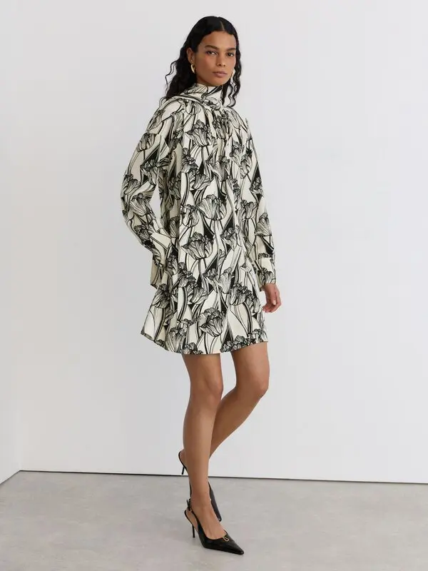 REISS Alwen Printed Scarf-neck Swing Mini Dress - Black/ivory