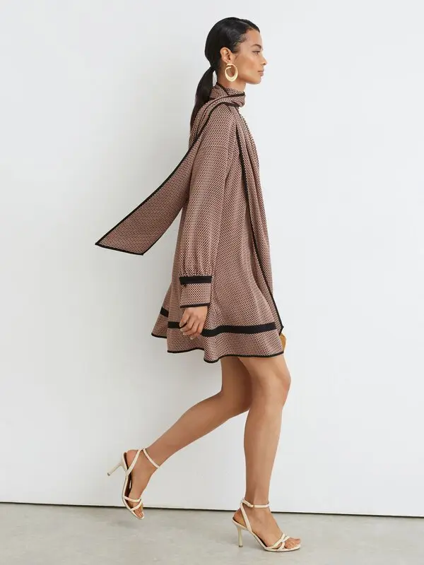REISS Alwen Printed Scarf-neck Swing Mini Dress - Red