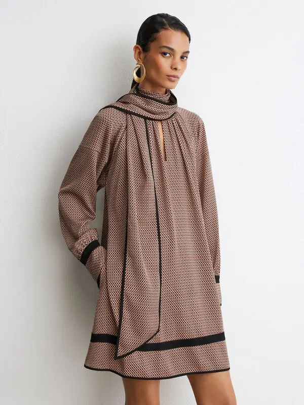 REISS Alwen Printed Scarf-neck Swing Mini Dress