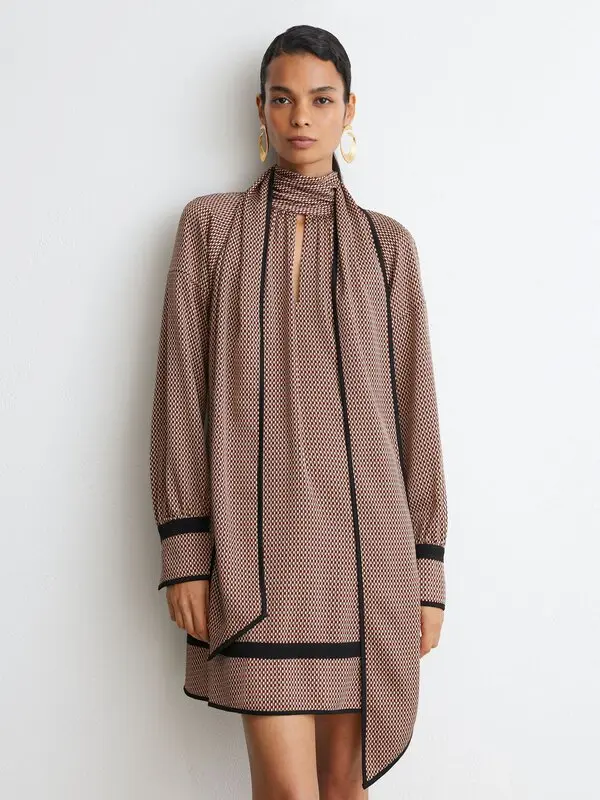 REISS Alwen Printed Scarf-neck Swing Mini Dress
