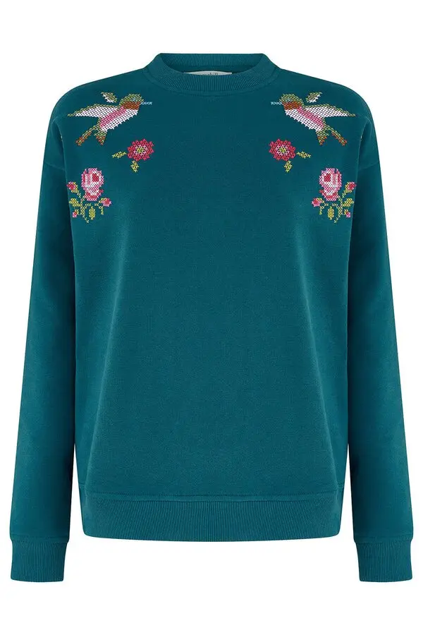 SUGARHILL BRIGHTON Noah Sweatshirt Teal Hummingbird Embroidery