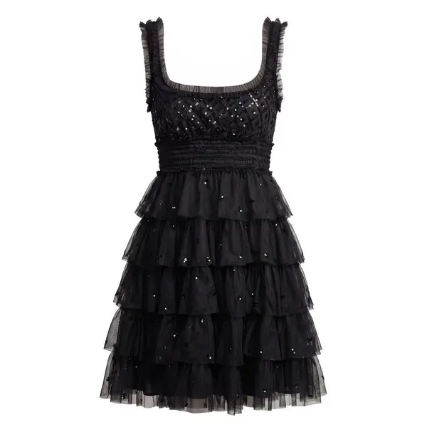Mac Duggal Tulle Sleeveless Square Neck Ruffle Mini Dress - Black